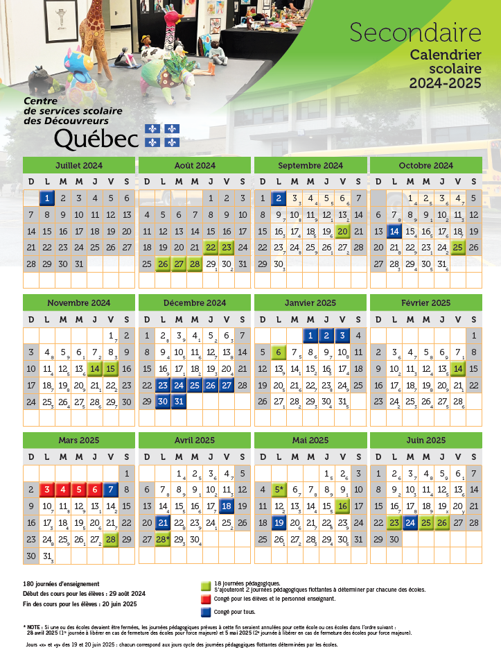 Calendrier scolaire et dates importantes – École Secondaire de Rochebelle